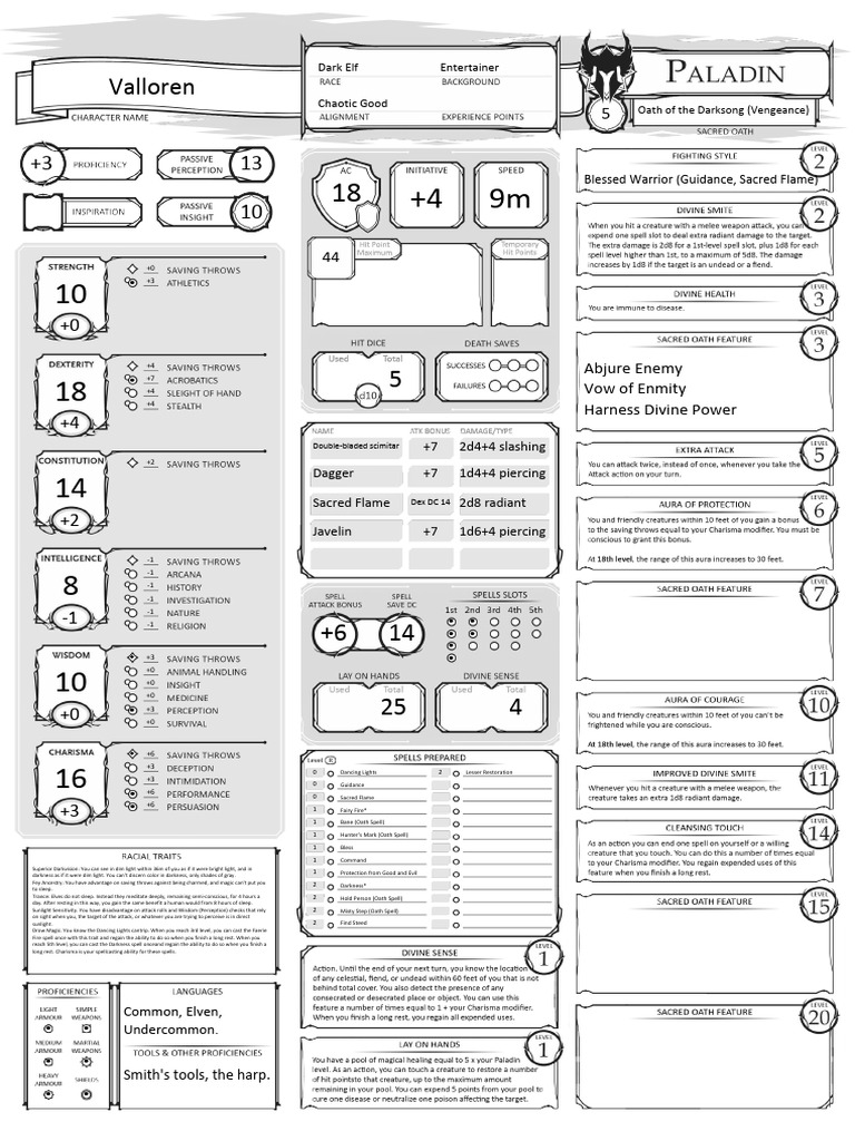 Valloren: Chaotic Good Dark Elf Character | PDF