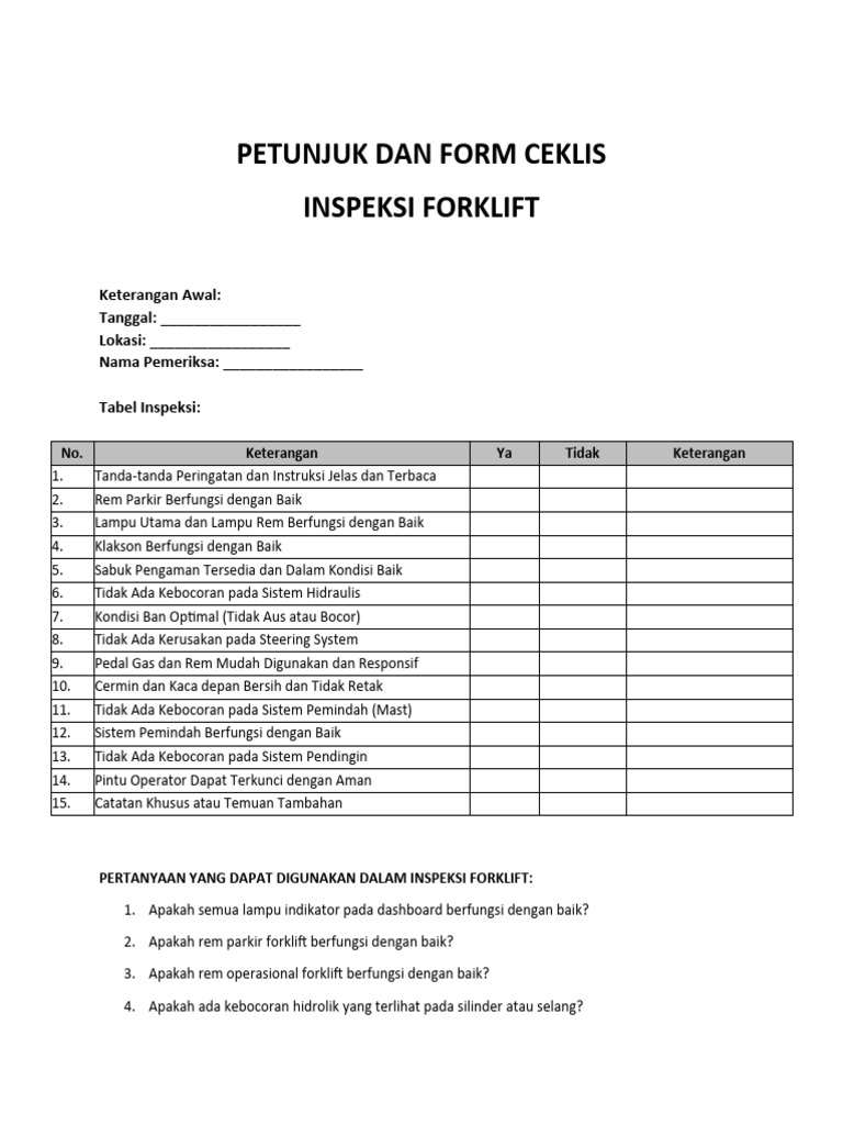 Form Ceklis Inspeksi Forklift | PDF
