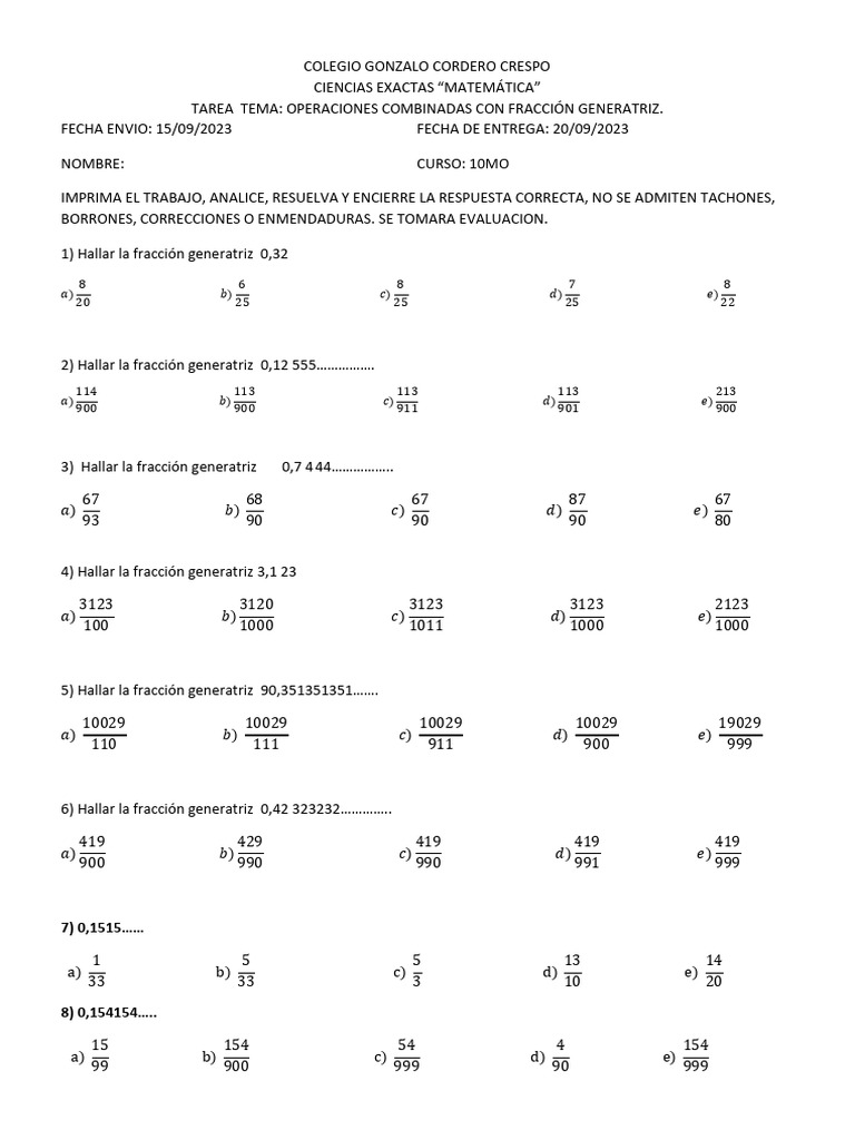 Tarea 1omo Fracción Generatriz. | PDF