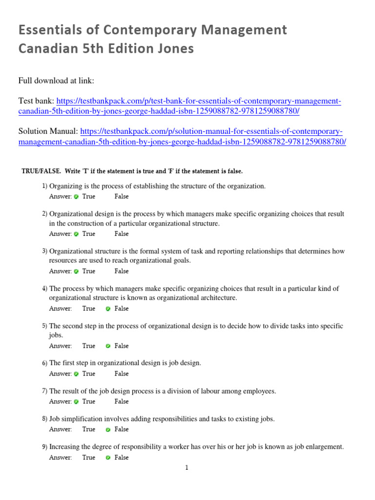 Essentials of Contemporary Management Canadian 5th Edition Jones Test ...