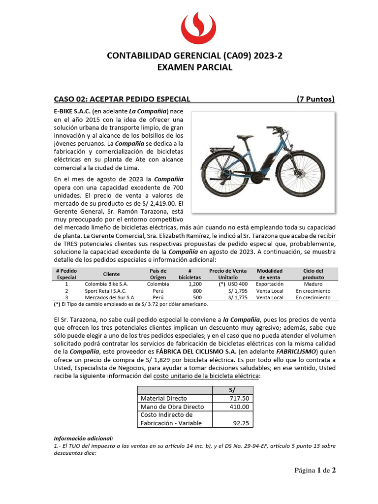 EA 2023-2 Caso E-Bike | PDF | Finanzas y administración del dinero