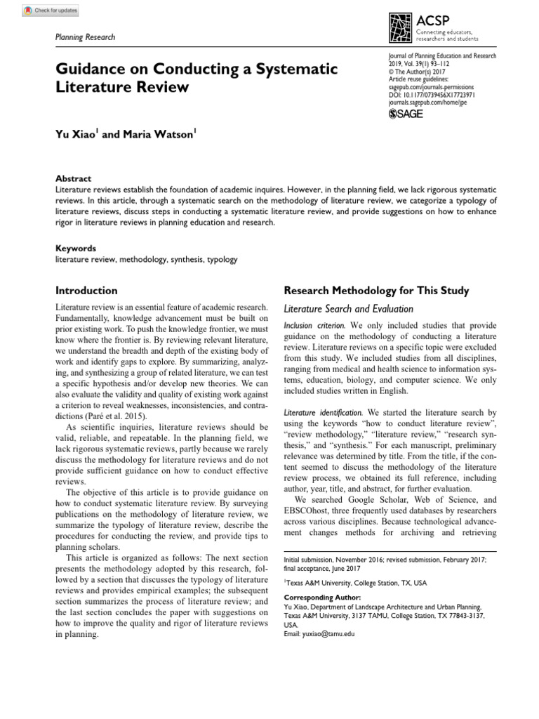 Xiao Watson 2017 Guidance On Conducting A Systematic Literature Review | PDF