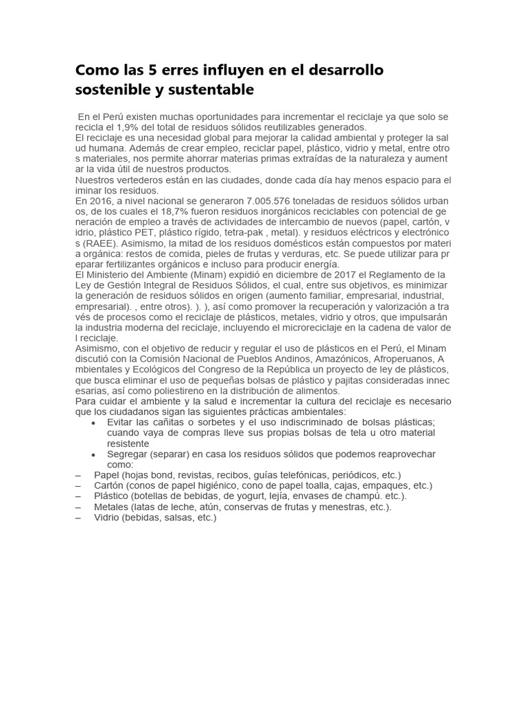 Como Las 5 Erres Influyen en El Desarrollo Sostenible y Sustentable | PDF
