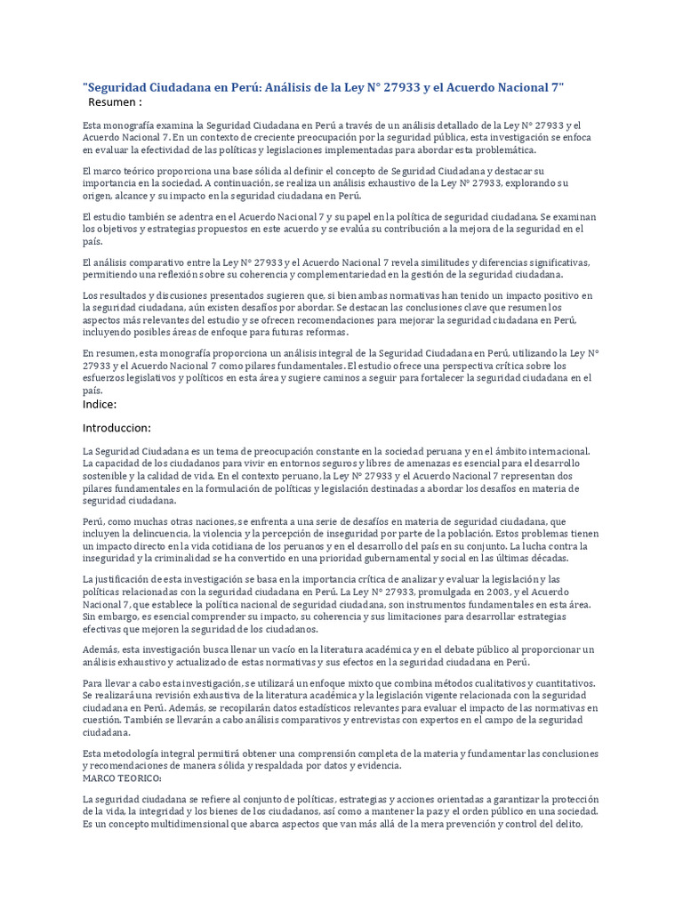 Seguridad Ciudadana en Perú Análisis de La Ley #27933 y El | PDF ...