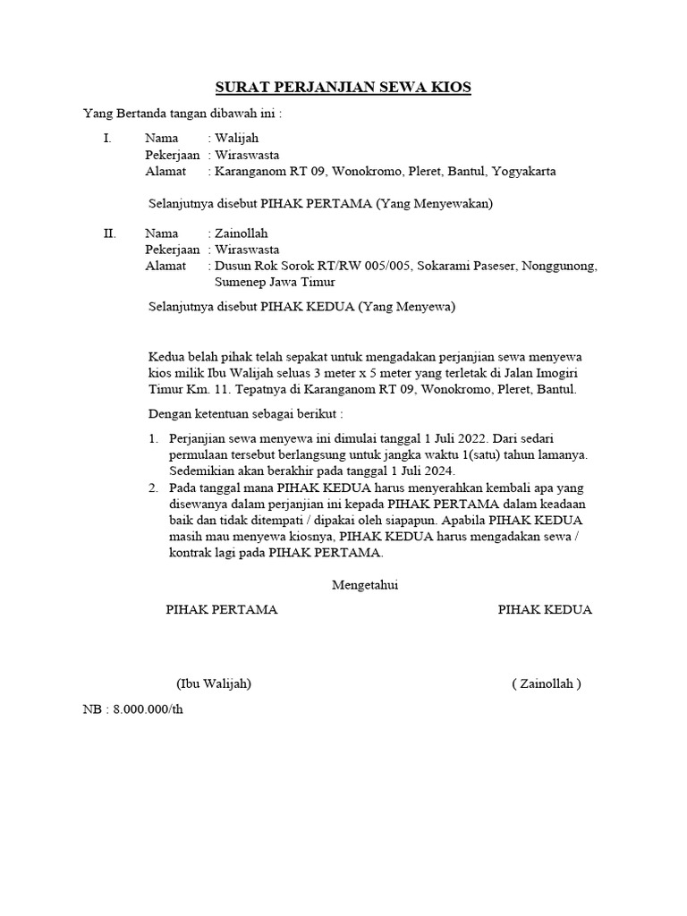 SURAT PERJANJIAN SEWA KIOS (Mak Walijah) | PDF