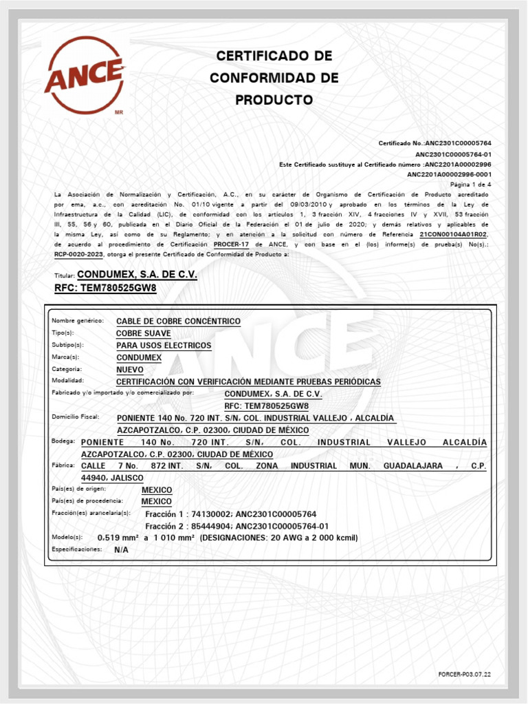CERTIFICADO CABLE CU DESNUDO CONDUMEX | PDF