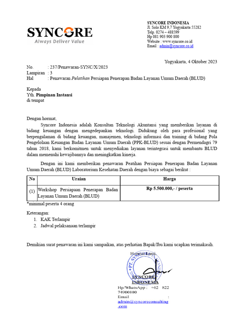 Surat Penawaran Pelatihan Persiapan Penerapan BLUD | PDF