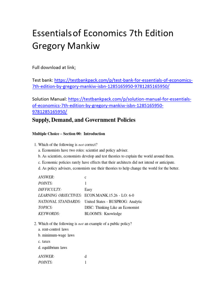Essentials of Economics 7th Edition Gregory Mankiw Test Bank 1 | PDF