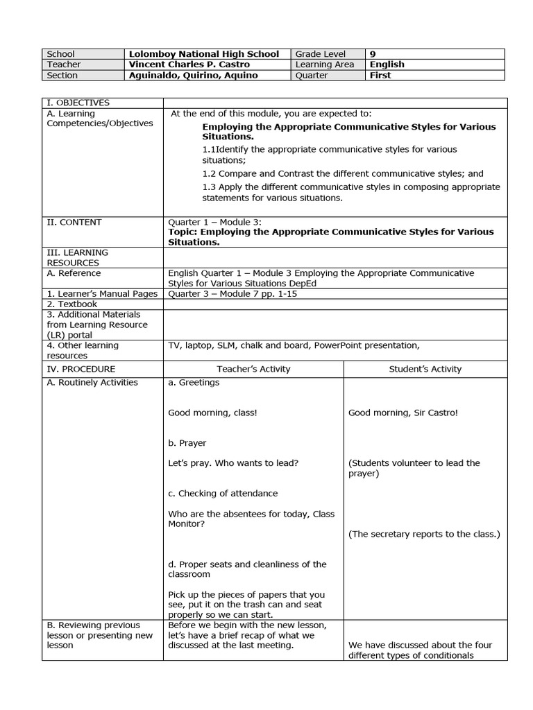 Quarter 1 Module 3 DLP Vincent Charles Castro | PDF