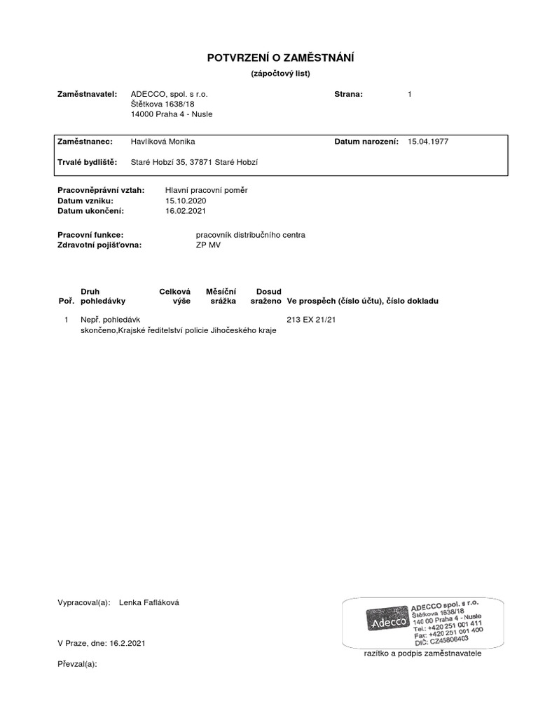 Potvrzení o Zaměstnání | PDF