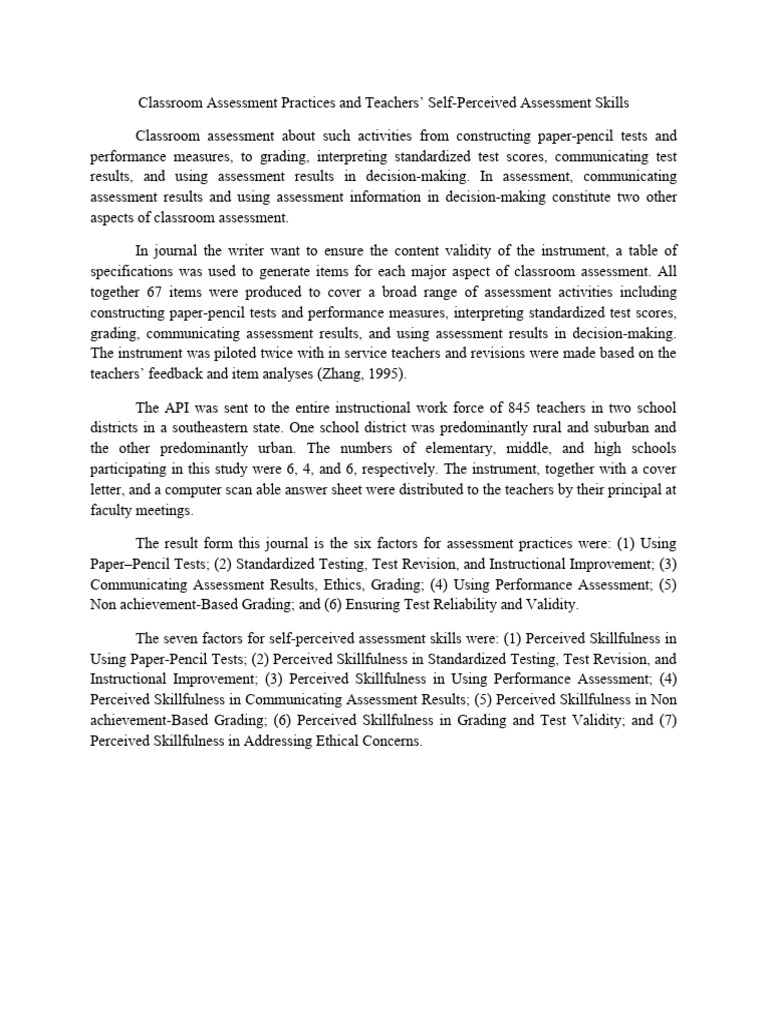 Classroom Assessment Practices and Teachers' Self-Perceived Assessment ...