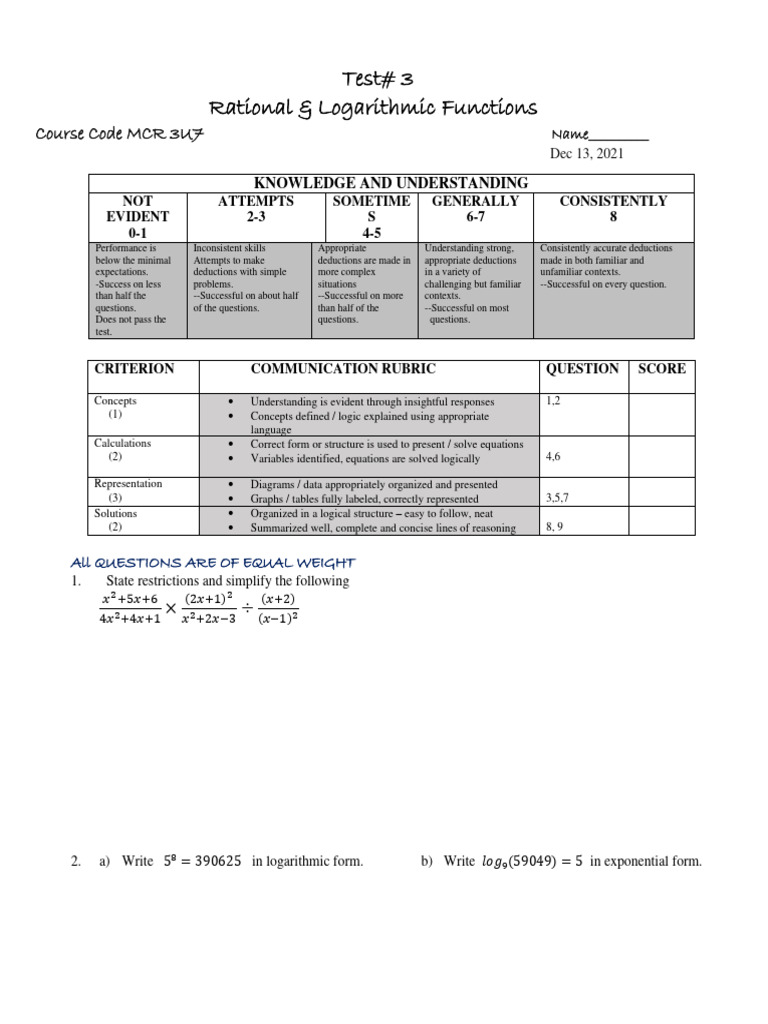 Rational and Logarithmic Functions Test | PDF