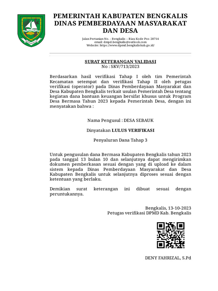 Surat Keterangan Validasi - SKV - 713 - 2023 | PDF