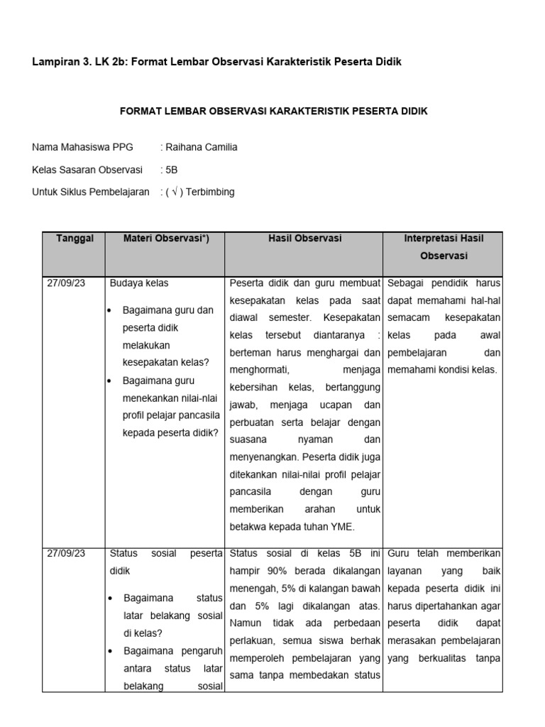 Lampiran 3. LK 2b Contoh Format Lembar Observasi Karakteristik Peserta Didik | PDF | Kesehatan ...