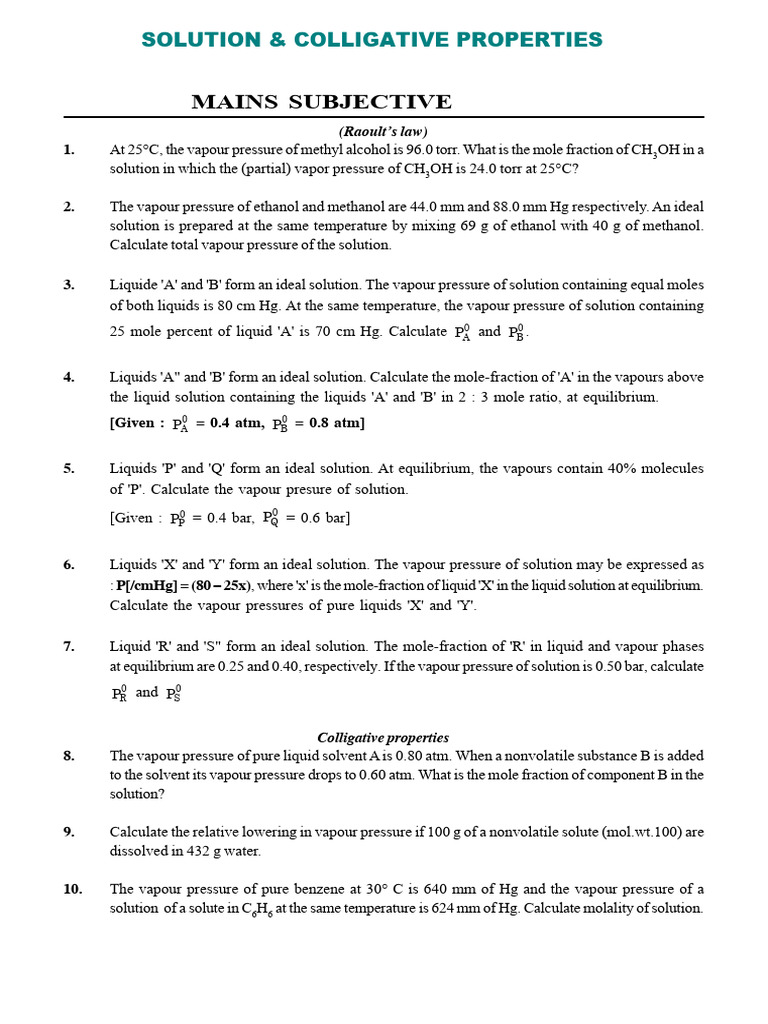 11.solution & Colligative Properties Sheet | PDF 11.solution & Colligative Properties Sheet | PDF