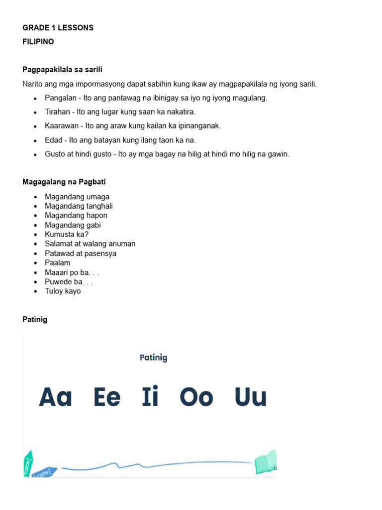 Grade 1 Filipino Lessons | PDF