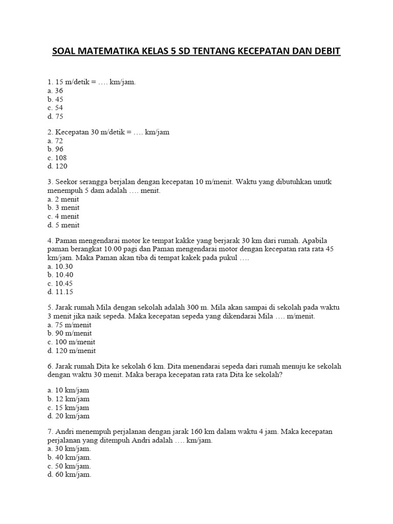 Soal Matematika Kelas 5 SD Tentang Kecepatan Dan Debit | PDF