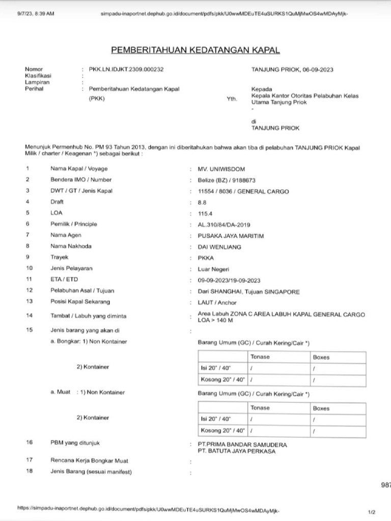 Contoh Permohonan Bongkar Muat Kapal | PDF