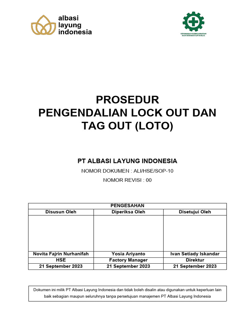 Prosedur LOTO PT Albasi Layung Indonesia | PDF