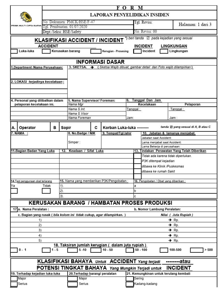 PMCK-HSE-F-47 Form Penyelidikan Insident | PDF
