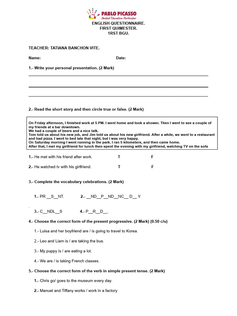 1th Bach - English Exam Questionnaire. | PDF