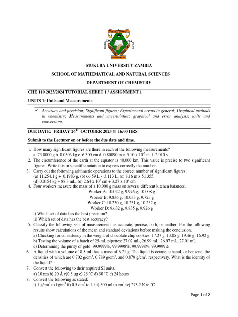 CHE 110 Tutorial Sheet 1: Units & Measurements | PDF | Significant ...