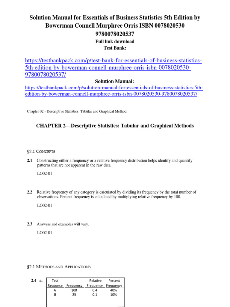 Solution Manual For Essentials of Business Statistics 5th Edition by ...