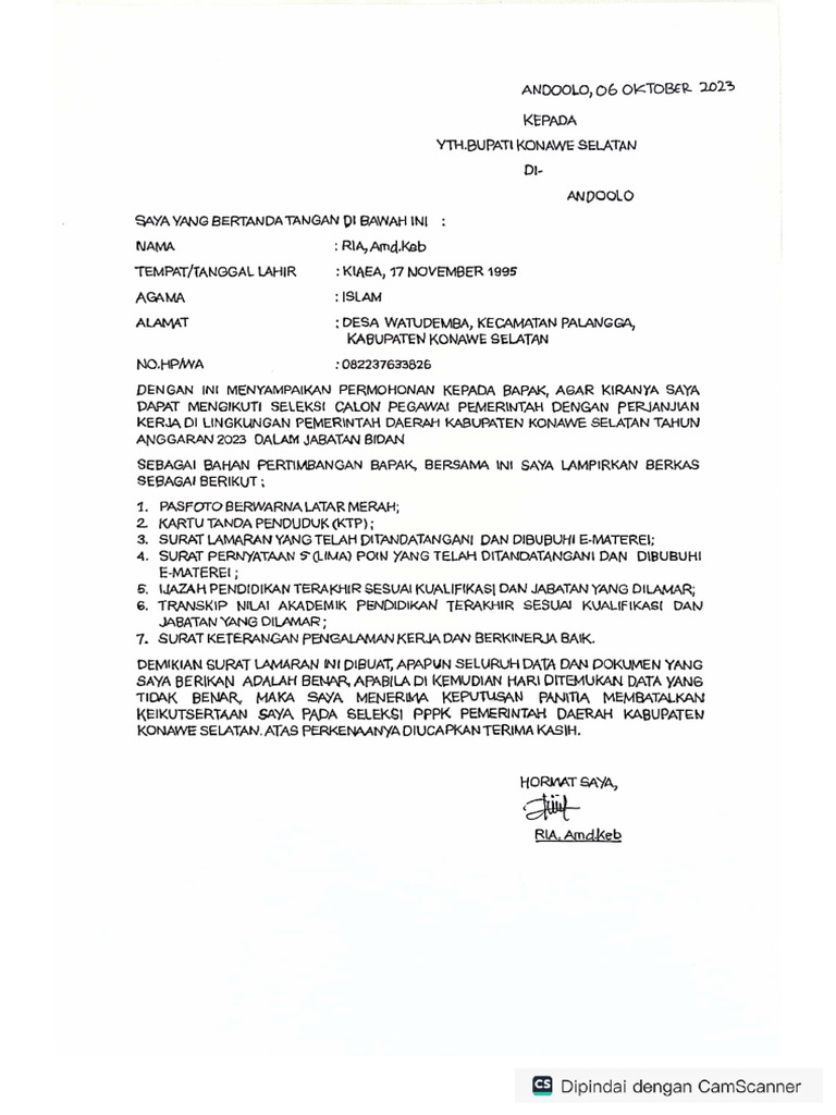 Surat Lamaran Ria | PDF