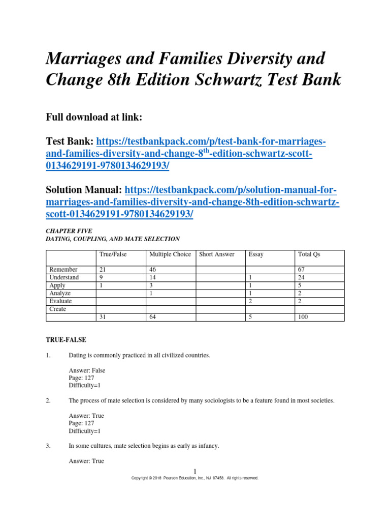 Marriages and Families Diversity and Change 8th Edition Schwartz Test ...