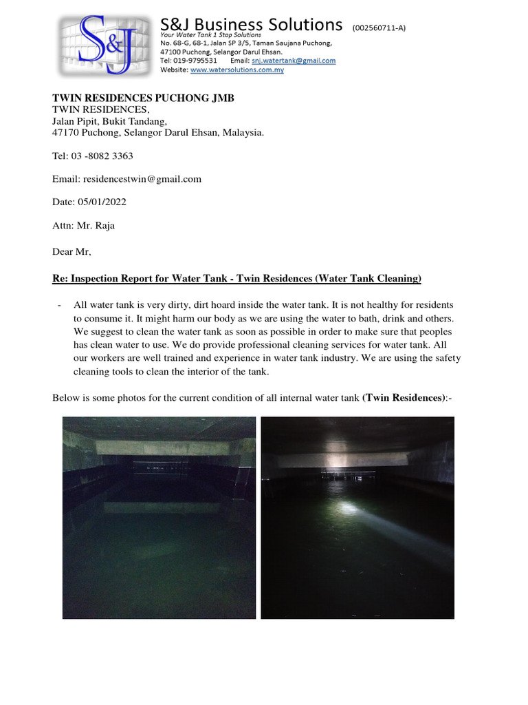 Inspection Report For Water Tank - Twin Residences (Water Tank Cleaning ...