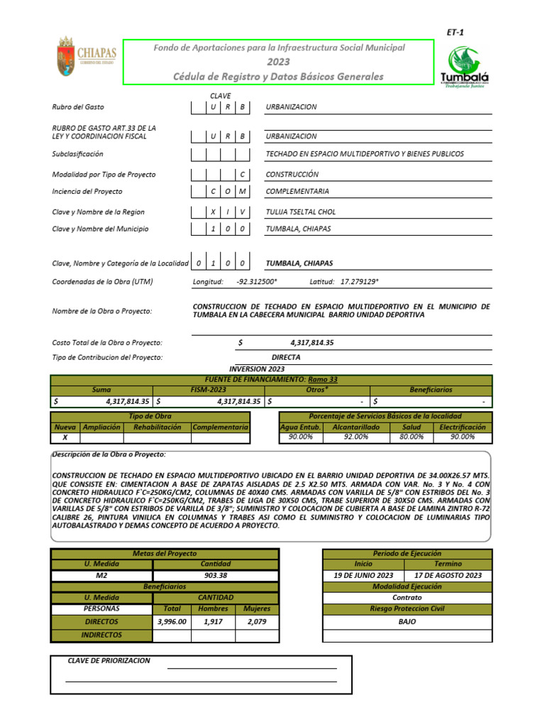 2023 Cédula de Registro y Datos Básicos Generales: Fondo de Aportaciones para La Infraestructura ...