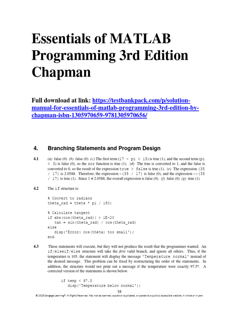 Essentials of MATLAB Programming 3rd Edition Chapman Solutions Manual 1 | PDF