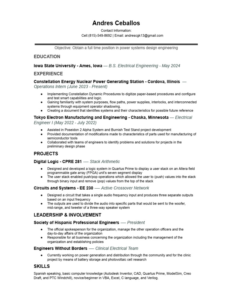 Andres Ceballos 2023 Resume | PDF | Field Programmable Gate Array | Logic Gate