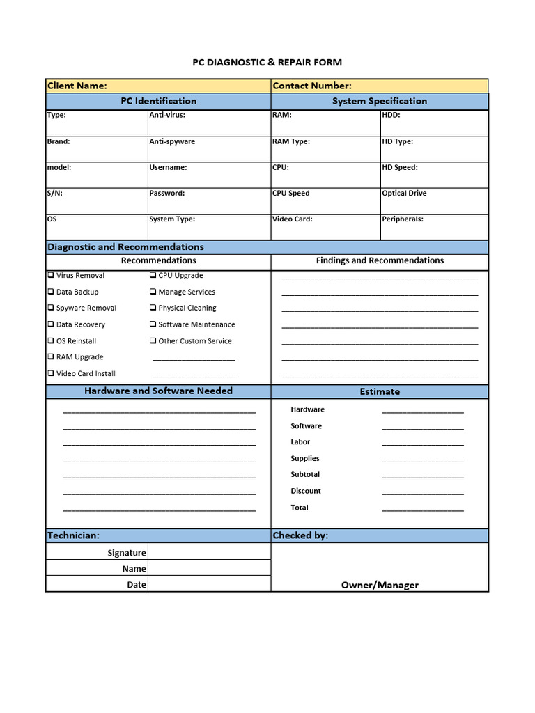 PC Repair and Diagnostic Form | PDF