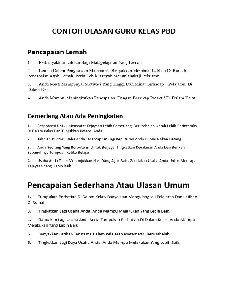 CONTOH ULASAN GURU KELAS PBD (1) | PDF