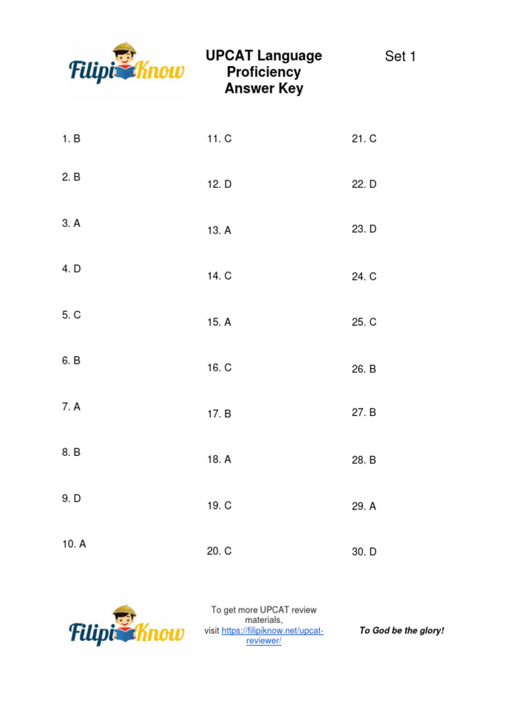 UPCAT Language Proficiency Answer Key Set 1 | PDF