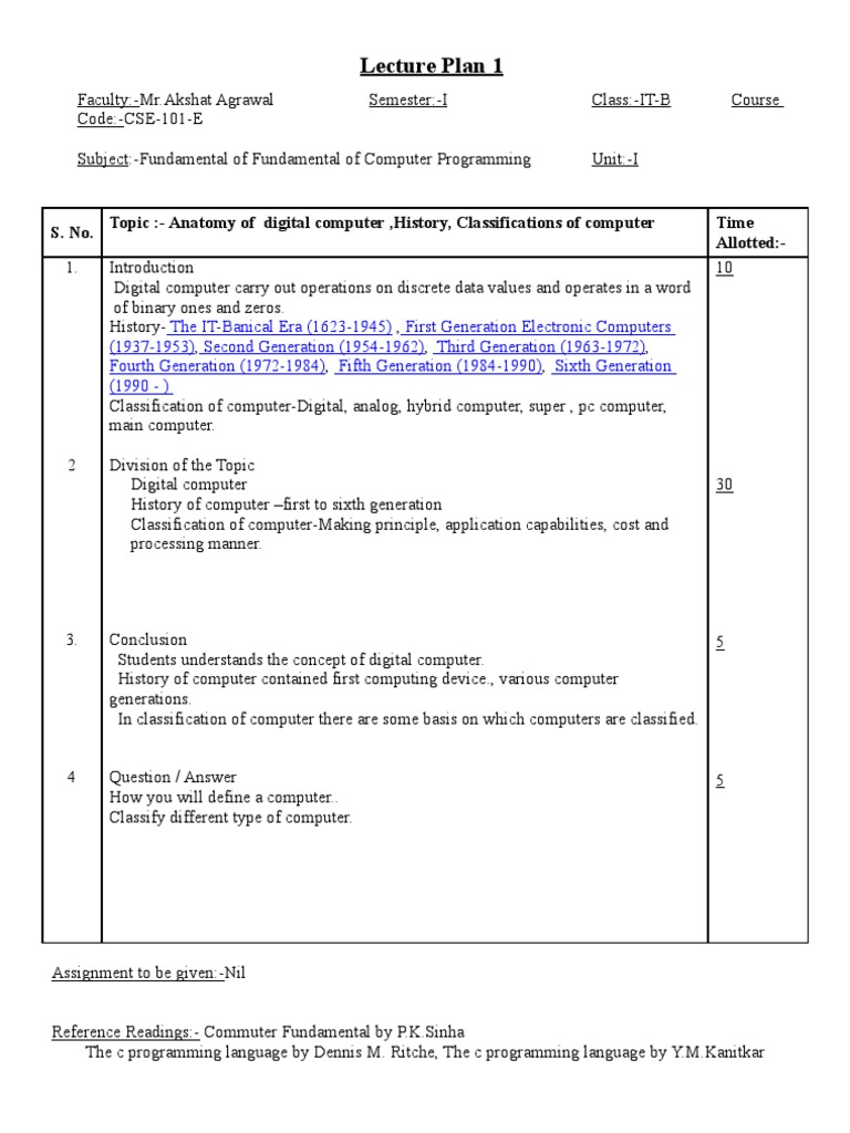 Lect Plan Focp | PDF | Computer Data Storage | Scope (Computer Science)