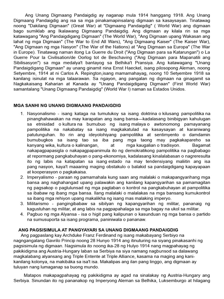 Ang Unang Digmaang Pandaigdig | PDF