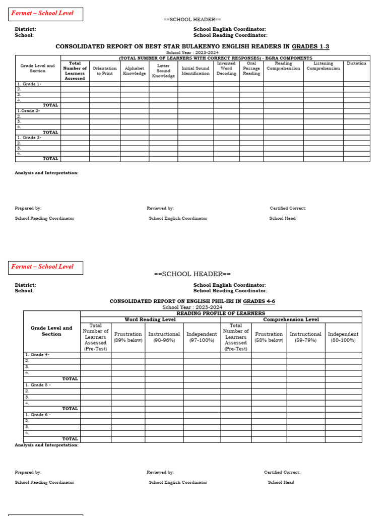Templates ELEMENTARY LEVEL School Report On English Reading Assessment ...