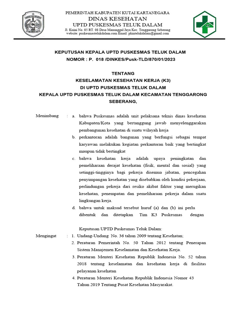1.3.6.a SK Program K3 Puskesmas Teluk Dalam 2023 | PDF