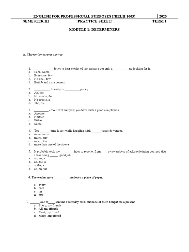 Determiners Final Sheet | PDF