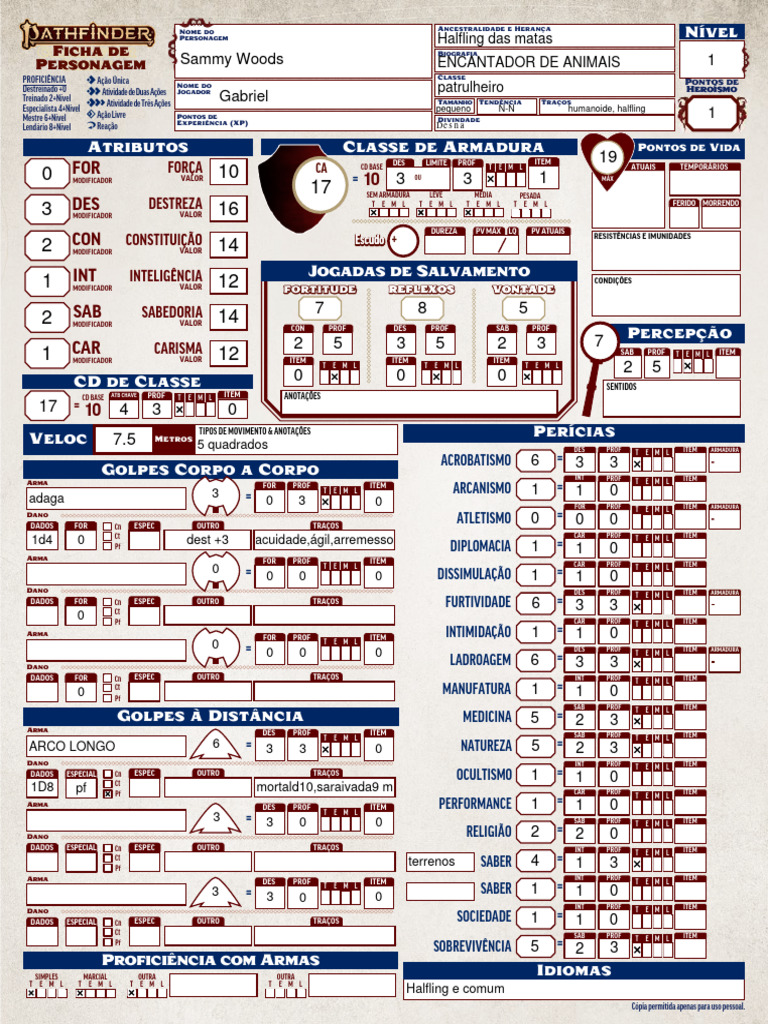 Ficha Ranger Pf2e Pronta | PDF