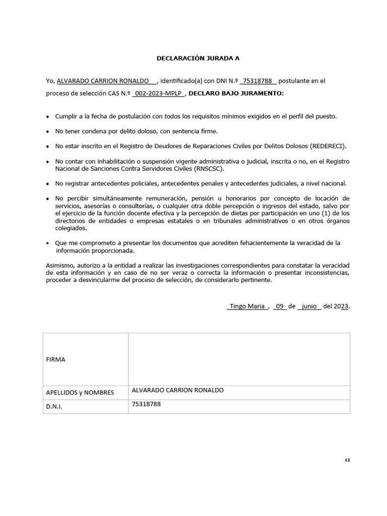 Declaracion Jurada | PDF