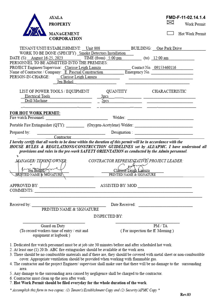 Hot Work Permit for Contractors | PDF