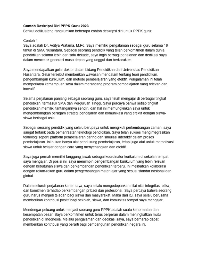Contoh Deskripsi Diri PPPK Guru 2023 | PDF
