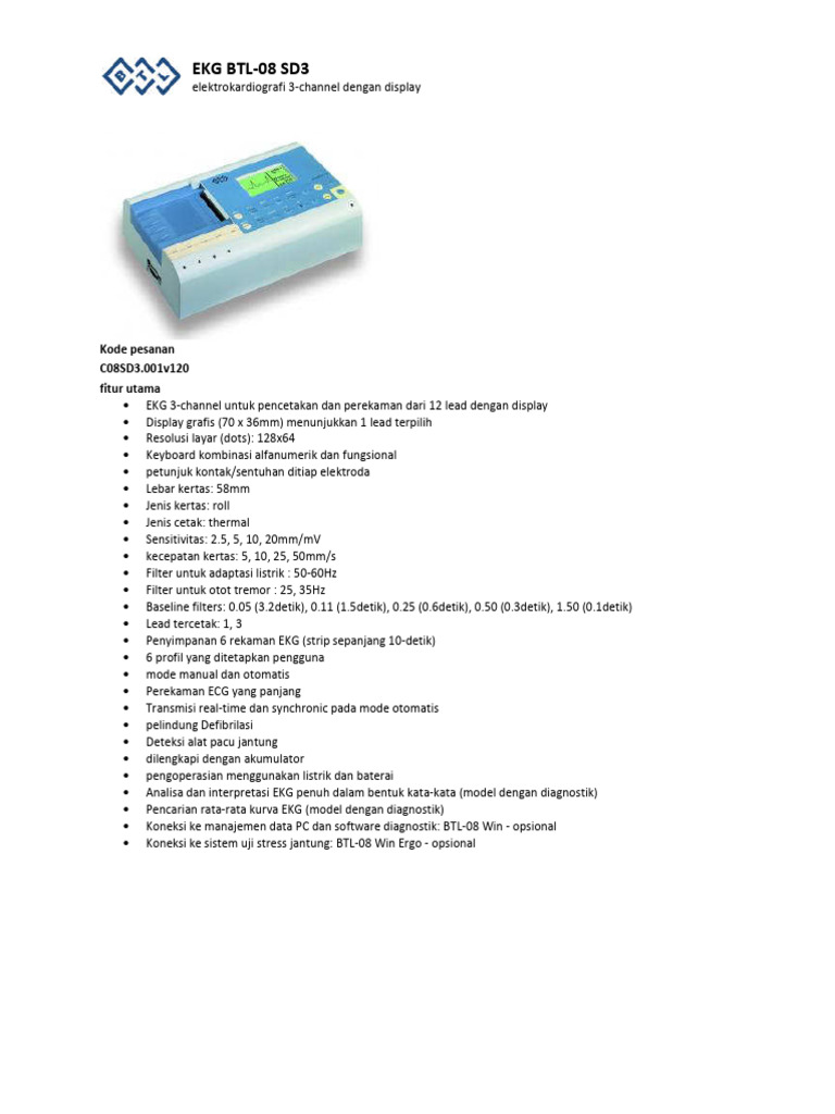 EKG BTL-08 SD3: Spesifikasi dan Fitur | PDF