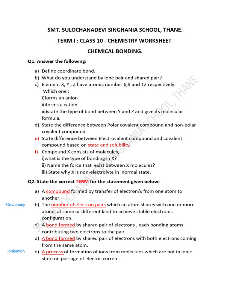 Class 10 Chemistry: Chemical Bonding Worksheet | PDF | Teaching Methods & Materials | Technology ...