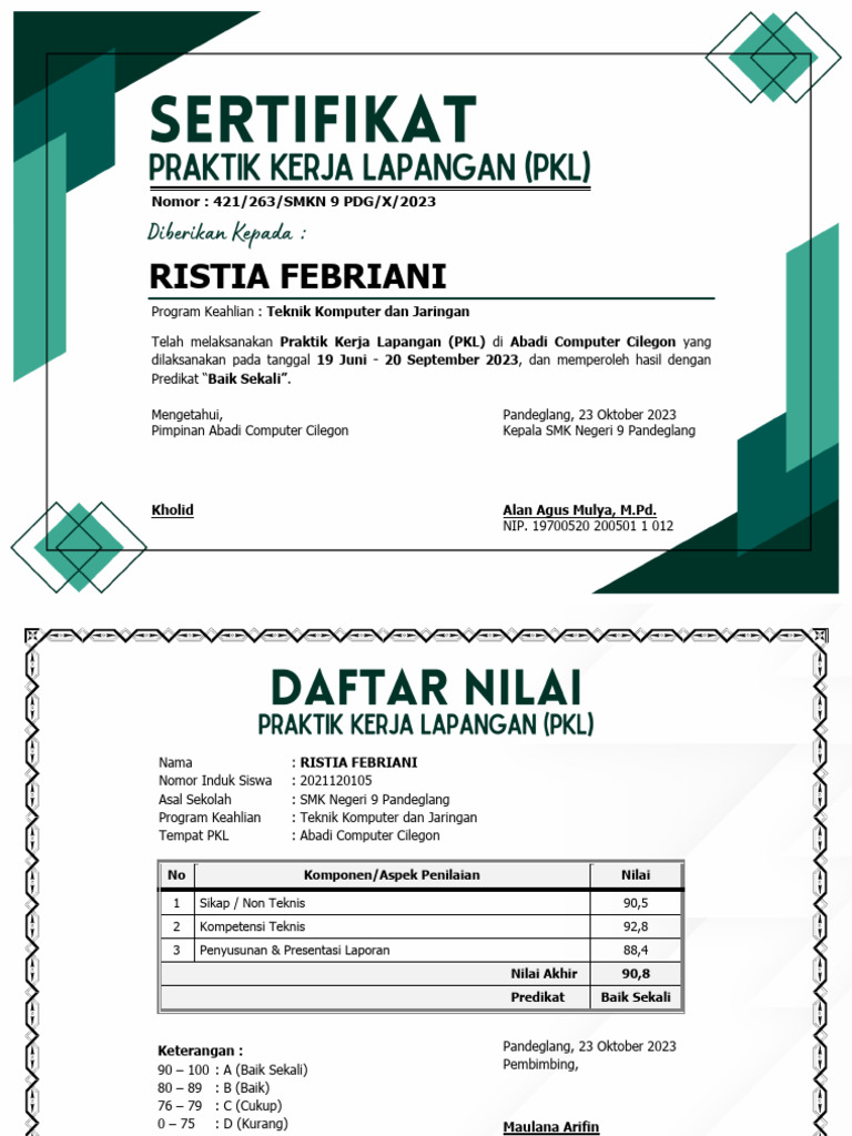 Sertifikat PKL 2023 | PDF