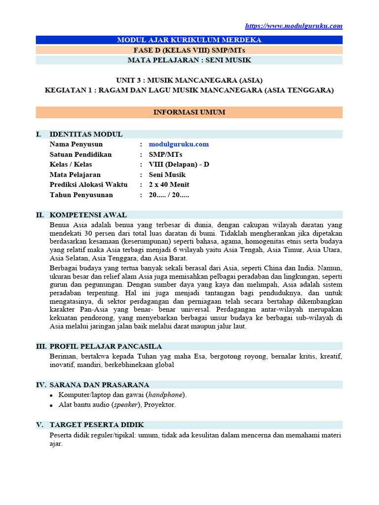 Modul Ajar Kelas 8 SMP Seni Musik Fase D | PDF