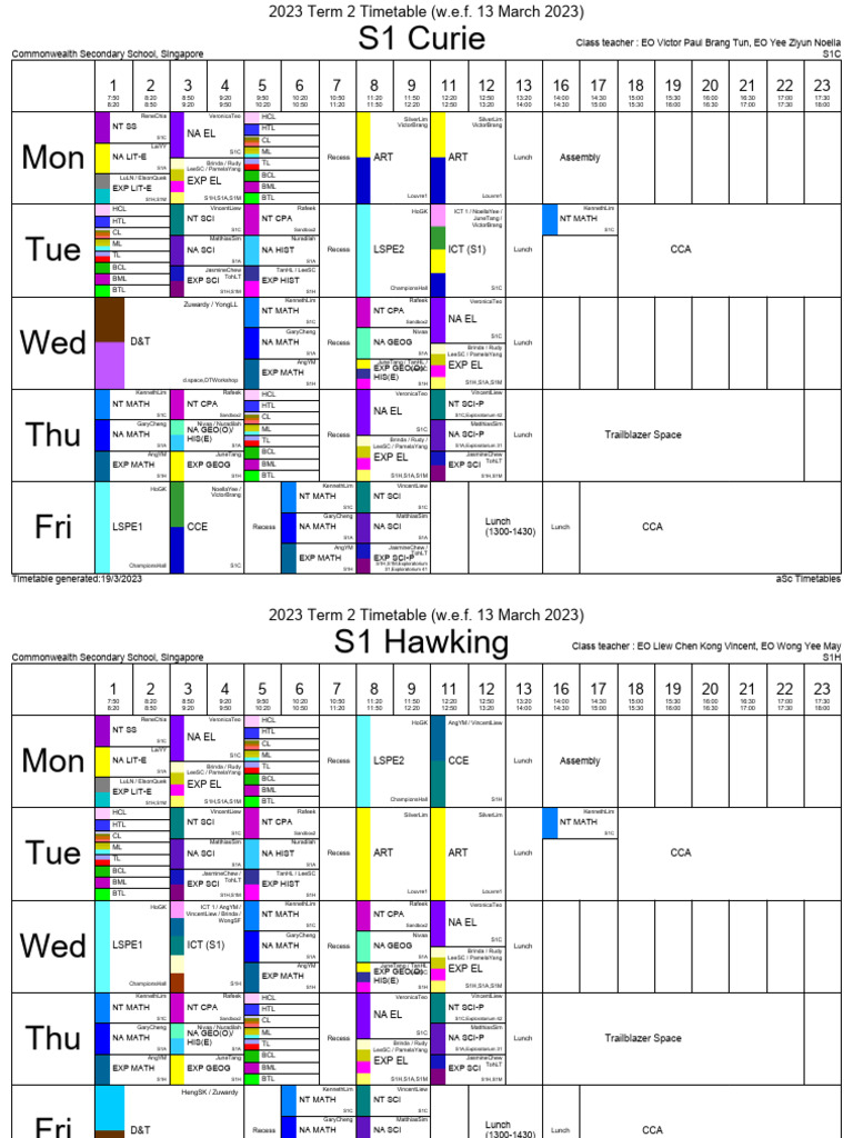 Term 2 Sec 1 Class Timetable W.E.F 13 March 2023 | PDF | Secondary ...